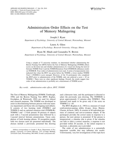 Pdf Administration Order Effects On The Test Of Memory Malingering