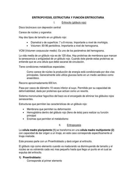 Estructura Y Función Del Eritrocito Eritropoyesis Membrana Y