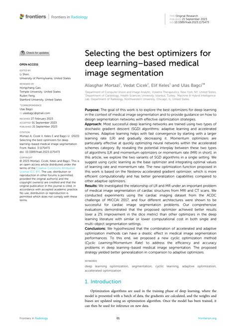 PDF Selecting The Best Optimizers For Deep Learningbased Medical Image Segmentation