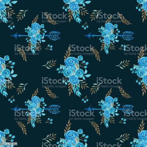 꽃 장미와 황금 파란색 잎 수채화 손으로 그려진 보헤미안 화살표와 원활한 패턴 초대장 표지 노트북 및 기타 항목의 디자인 0명에 대한 스톡 벡터 아트 및 기타 이미지