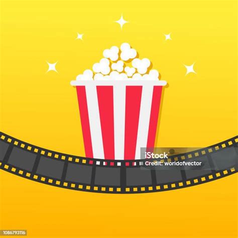 팝콘 상자입니다 필름 스트립 라운드 영화 시네마 플랫 디자인 스타일 아이콘입니다 팝 옥수수 아이콘입니다 옐로우 그라데이션 배경입니다 빛나는 별 가득 찬에 대한 스톡 벡터