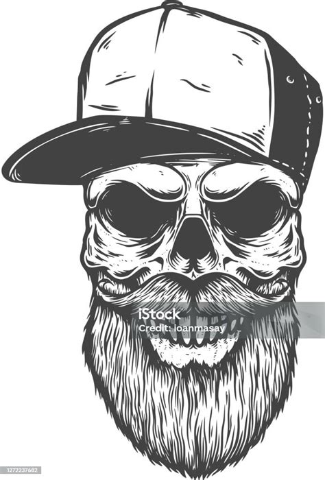 조각 스타일로 야구 모자에 수염 두개골의 그림 엠블럼 기호 포스터 카드 배너를 위한 디자인 요소 벡터 일러스트레이션 두개골에