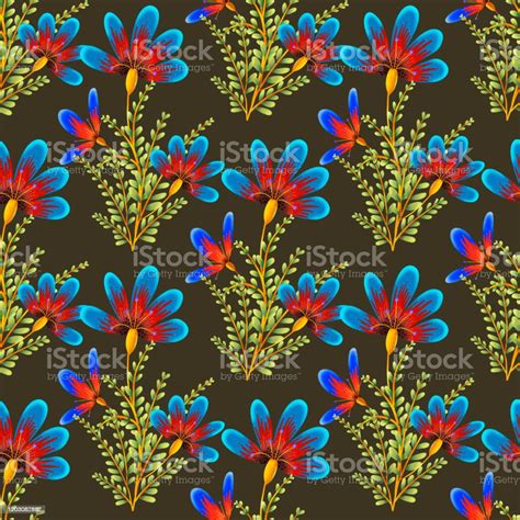 어두운 갈색 배경에 그려진 푸른 꽃과 녹색 잎의 꽃다발 원활한 패턴 그림 0명에 대한 스톡 벡터 아트 및 기타 이미지 0명 고풍스런 귀여운 Istock