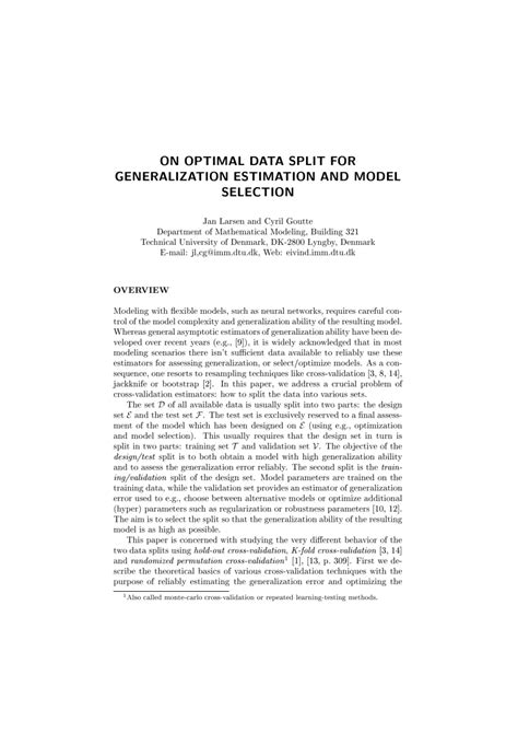 Pdf On Optimal Data Split For Generalization Estimation And Model
