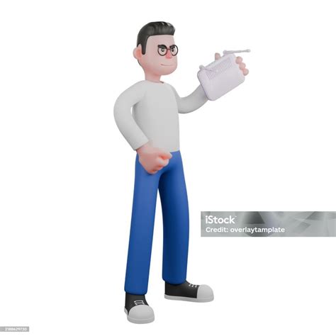 만화 스타일의 3d 모델 일러스트 레이 션에 비디오 편집기 남성 영상 편집자가 왼손은 Wifi를 잡고 왼손은 옆구리를 꽉 쥐고 서 있다 디자인 캐릭터 3차원 형태에 대한