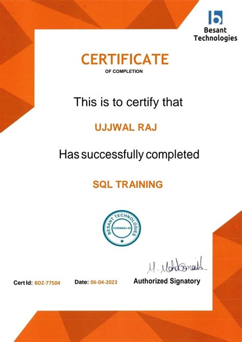 Completed My Python And Sql Course From Besant Technologies In July