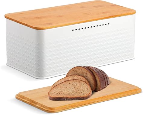 Widousy Bread Bin With Bamboo Lid White Bread Storage Box Bread Holder Bin For