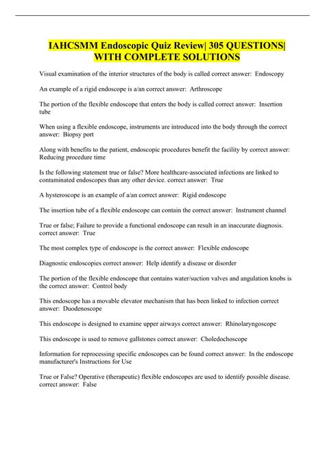 IAHCSMM Endoscopic Quiz Review 305 QUESTIONS WITH COMPLETE SOLUTIONS IAHCSMM Stuvia US