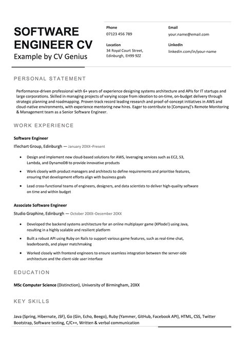Software Engineer CV Example UK Template Free Download
