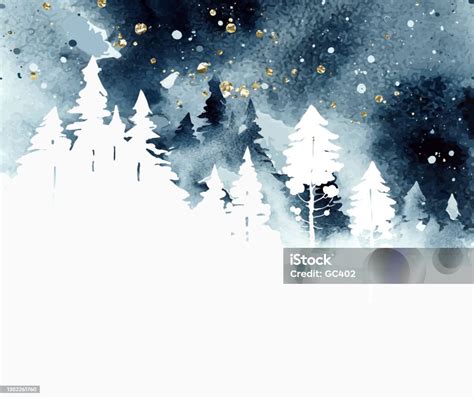 푸른 색 황금색 흰색으로 밤하늘 아래 숲과 수채화 마법 벡터 풍경 크립토피네루스 숲과 추상적인 수채화 벡터가 튀어나옵니다 엽서에 대한 스톡 벡터 아트 및 기타 이미지