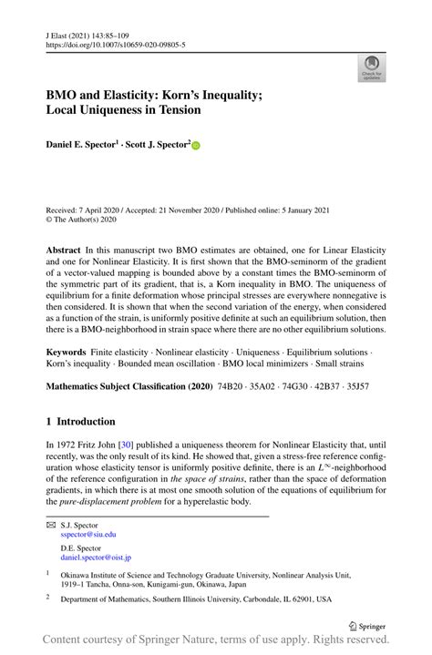 Pdf Bmo And Elasticity Korns Inequality Local Uniqueness In Tension