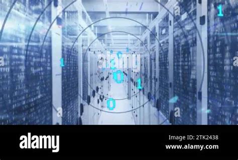 Animation Of Loading Circles Over Binary Codes Moving Between Server Racks At Data Center
