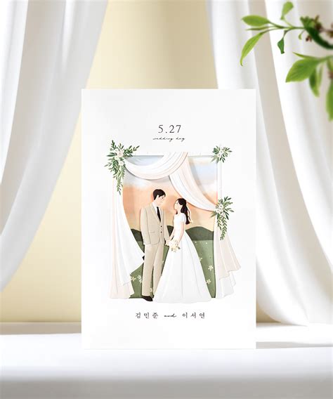 오렌지빛이 가득한 들판에서 서로를 사랑스럽게 바라보는 신랑신부님을 웨딩카드에 담아보았습니다 정교한 레이저가공과 섬세한 조각가공으로 공간감을 더하여 두 사람의 아름다운 날을