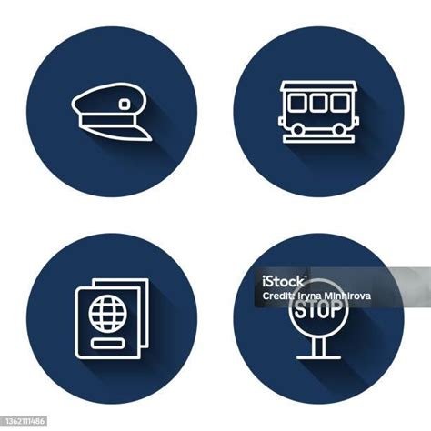세트 라인 기차 드라이버 모자 여객 열차 자동차 여권 및 긴 그림자와 정지 기호 파란색 원 버튼입니다 벡터 건네주기에 대한 스톡 벡터 아트 및 기타 이미지 Istock