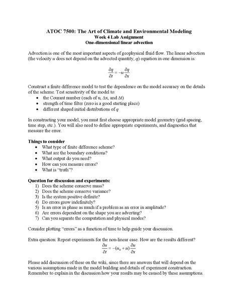 Lab 4 Assignment One Dimensional Linear Advection Atoc 7500 Docsity