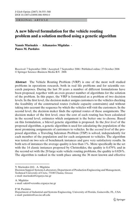 Pdf A New Bilevel Formulation For The Vehicle Routing Problem And A