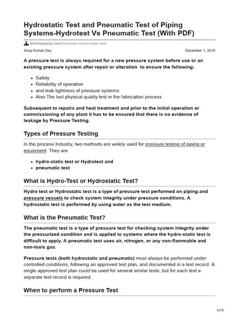 Hydrostatic Test And Pneumatic Test Of Piping Systems Hydrotest Vs Pneumatic Test With Pdf Pdf