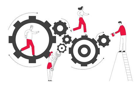 수리 도구와 악기와 사다리에 작은 남자와 여자 문자거대한 깨진 시계와 기어와 톱니 바퀴 시간 개념으로 만든 메커니즘을 고정 만화 플랫 벡터 일러스트 대형에 대한 스톡 벡터