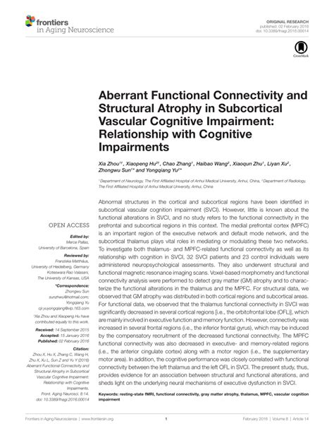 Pdf Aberrant Functional Connectivity And Structural Atrophy In Subcortical Vascular Cognitive