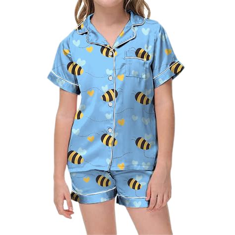 Awzxde Girls Cute Print Pajama Set Lapel Collar Button Up Top With