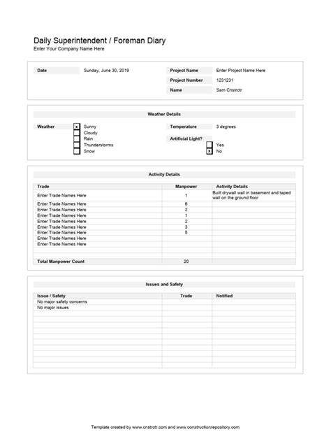 Daily Construction Superintendent Diary Pdf