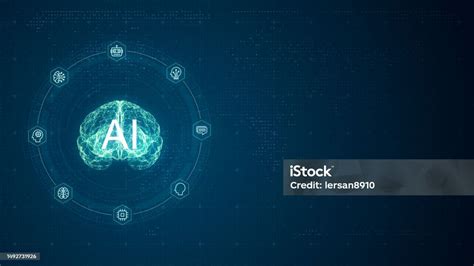 파란색 디지털 두뇌 로고와 Ai 챗봇과 기계 학습 기술이 적용된 미래 지향적인 Hud와 추상적인 배경에 인공 지능과 로봇 아이콘