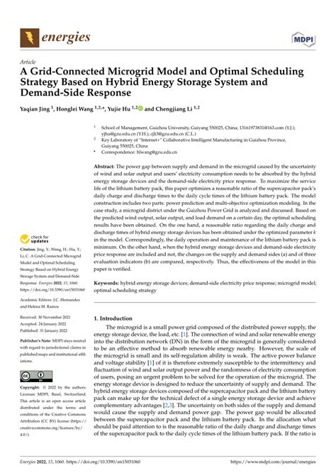 Pdf A Grid Connected Microgrid Model And Optimal Scheduling Strategy Based On Hybrid Energy