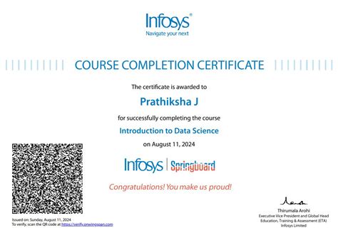 Completed Data Science Course On Infosys Springboard Prathiksha Jayaraman Posted On The Topic