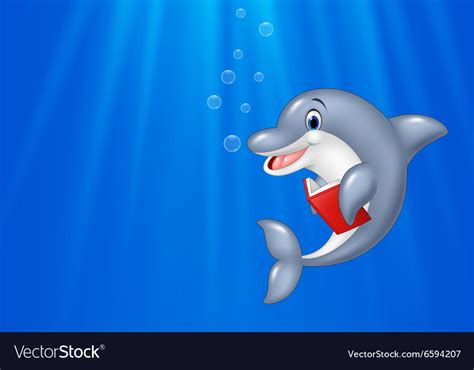 Cartoon Dolphin Reading Book With Deep Sea Vector Image