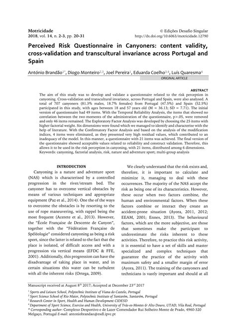 Pdf Perceived Risk Questionnaire In Canyoners Content Validity Cross Validation And
