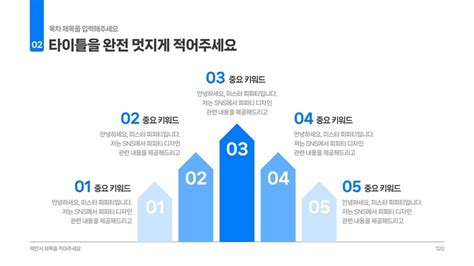 적어주세요 중요 키워드 인포그래픽 부터 까지 번호 매겨진 파란색 계열로 강조된 가이드 화살표와 텍스트 조합 레퍼런스 Ppt 파란펭귄
