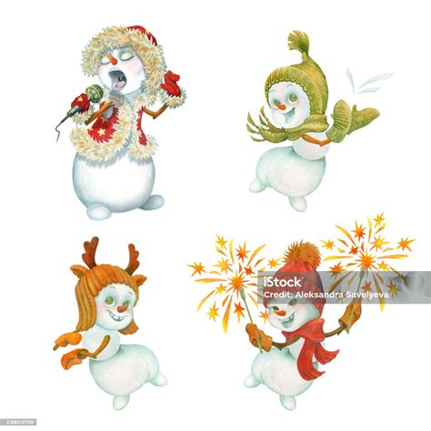 재밌는 눈사람 겨울 휴일 카드 및 포스터 어린이 잡지 일러스트 티셔츠 또는 가방 인쇄의 디자인을 위해 흰색 배경에 고립 된 만화 춤과 노래하는 눈사람의 수채화 세트 0명에