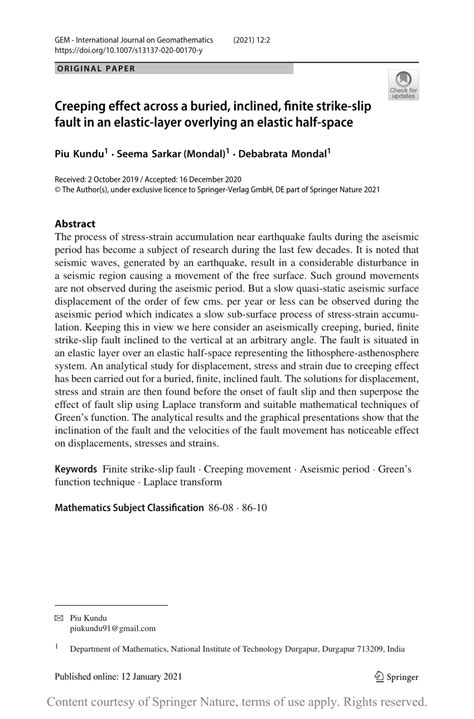 Pdf Creeping Effect Across A Buried Inclined Finite Strike Slip Fault In An Elastic Layer