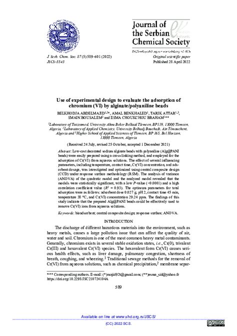 Pdf Use Of Experimental Design To Evaluate The Adsorption Of Chromium