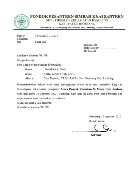 Surat Izin Tidak Masuk Sekolah Pdf