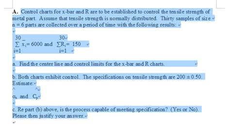 Solved Control Charts For X Bar And R Are To Be Established Chegg
