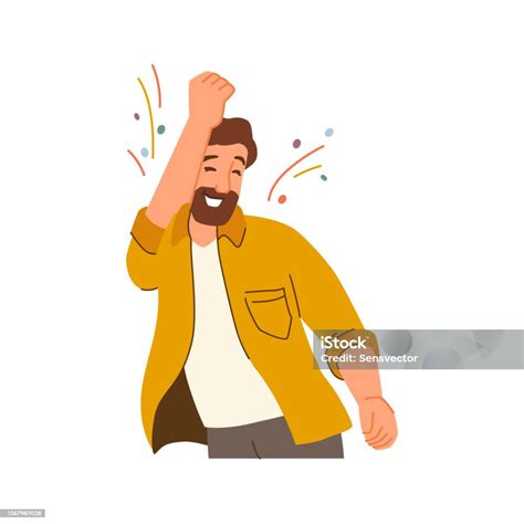 집에서 개인적인 승리 또는 성공을 축하하는 남자 얼굴에 미소와 함께 기쁨과 행복을 표현하는 수염과 벡터 남성 캐릭터와 손을 제기