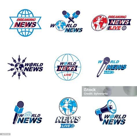 사회 발표 엠 블 럼 및 전단지 컬렉션입니다 벡터 지구 기자 마이크와 스피커 장비 뉴스 속보 뉴스와 세계 라이브 뉴스 비문 구성