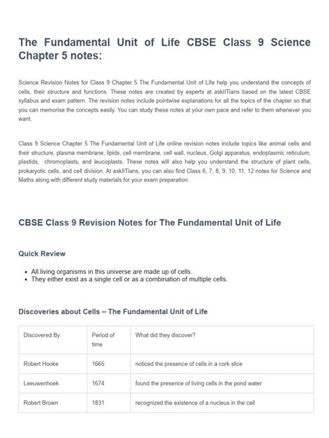 The Fundamental Unit Of Life Cbse Class 9 Science Notes Chapter 5 Pdf Chloroplast Cell