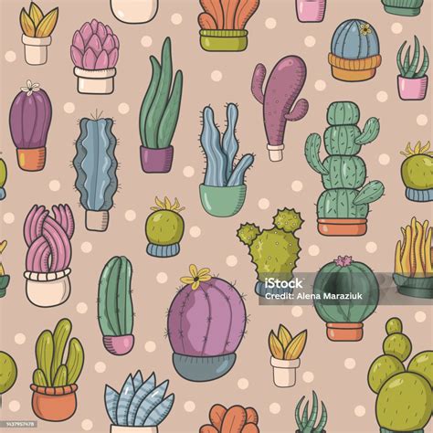 선인장과 다육 식물의 매끄러운 색상 패턴입니다 아름다운 디자인 꽃과 식물 가게 정원 씨앗 어린이 삽화 벡터 그림입니다 0명에 대한 스톡 벡터 아트 및 기타 이미지 Istock