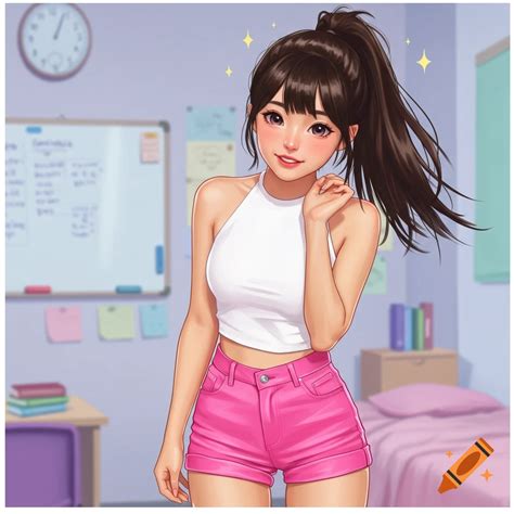 Cute College Girl In Pink Shorts And White Halter Top In A Bedroom On Craiyon