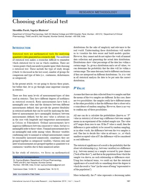 Choosing Stadistical Test International Journal Of Ayurveda Research