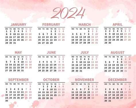 Календарь на 2024 год на нежно розовом акварельном фоне горизонтальный шаблон для печати