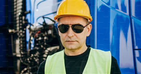 노란색 보호 헬멧을 쓴 전문 남성 산업용 트럭 운전사는 다음 운전 전에 안전 조치로 차량의 기술 검사를 수행합니다 사진