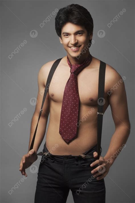 Portrait Of Shirtless Man Wearing Suspenders And Tie Photo Background And Picture For Free