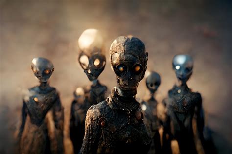 premium photo group of ugly barely humanoid aliens in ominous misty atmosphere neural network