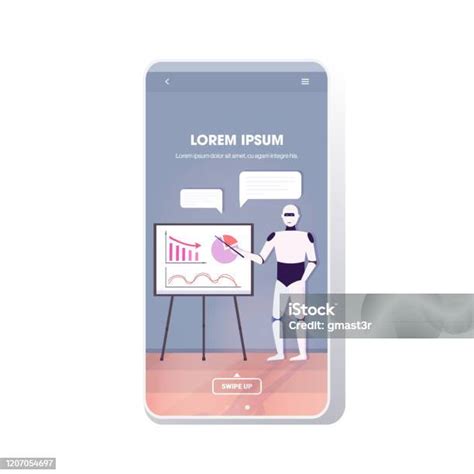 플립 차트 인공 지능 기술 프리젠 테이션 개념 전체 길이 스마트 폰 화면 모바일 앱 복사 공간에 금융 그래프 다이어그램을 제시