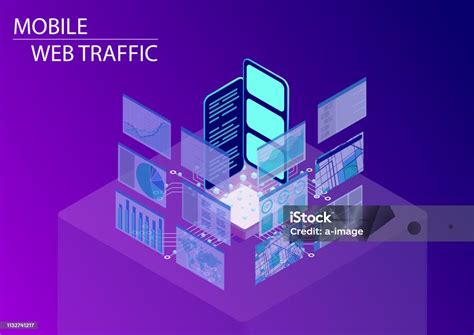 모바일 웹 트래픽 및 인터넷 서핑 개념의 모니터링 서핑 동작을 제어 하기 위해 플로팅 스마트폰과 모니터링 대시 보드와 3d 아이소메트릭 벡터 일러스트 레이 션 대시보드 시각