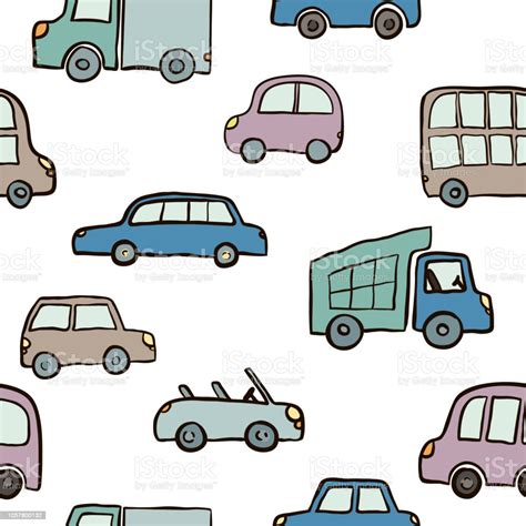 손의 원활한 패턴 그린 아이 디자인에 대 한 귀여운 만화 자동차 벡터 일러스트 레이 션 포장 패키지 포스터 웹 디자인 아이 직물 섬유 보육 벽지 만화 자동차 트럭 버스의