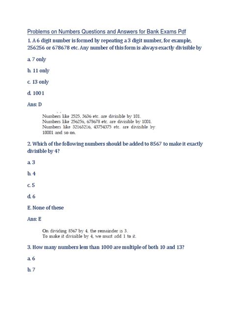 Problems Numbers Questions Bank Exams Pdf